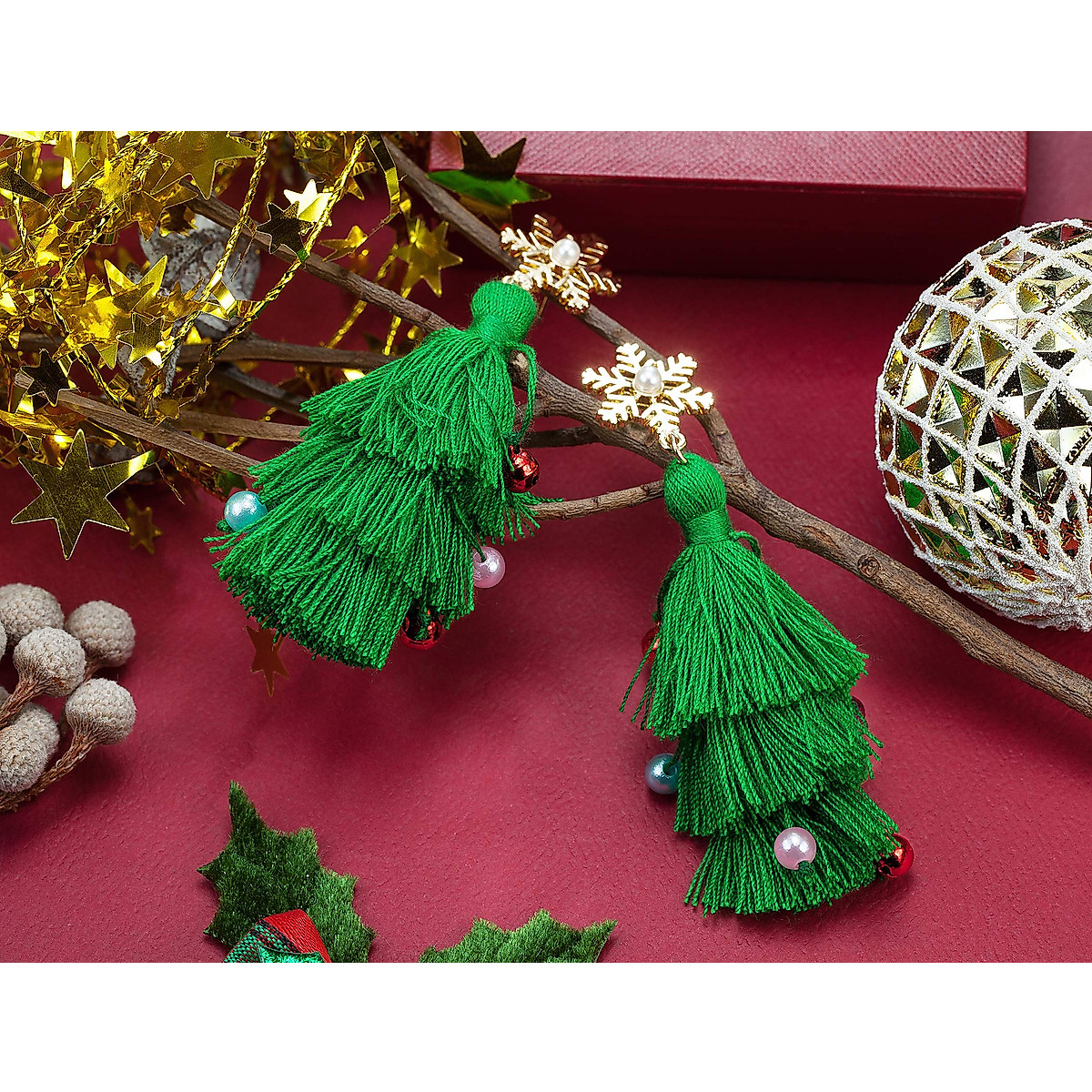 Lightweight Christmas Tree Tassel Beaded Earrings, Bohemian Dangle Drop Green Earrings, Twined with Colored Beads Earring for Women