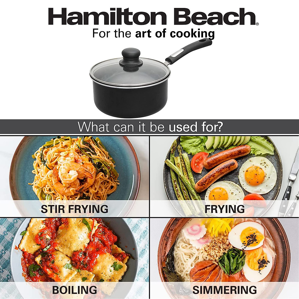 Hamilton Beach Nonstick Covered Sauce Pan 3-Qt - Black Aluminum Saucepan with Soft Touch Bakelite Handle & Glass Lid - Flared Edge - Spiral Bottom, Multipurpose Use - Durable & Dishwasher Safe
