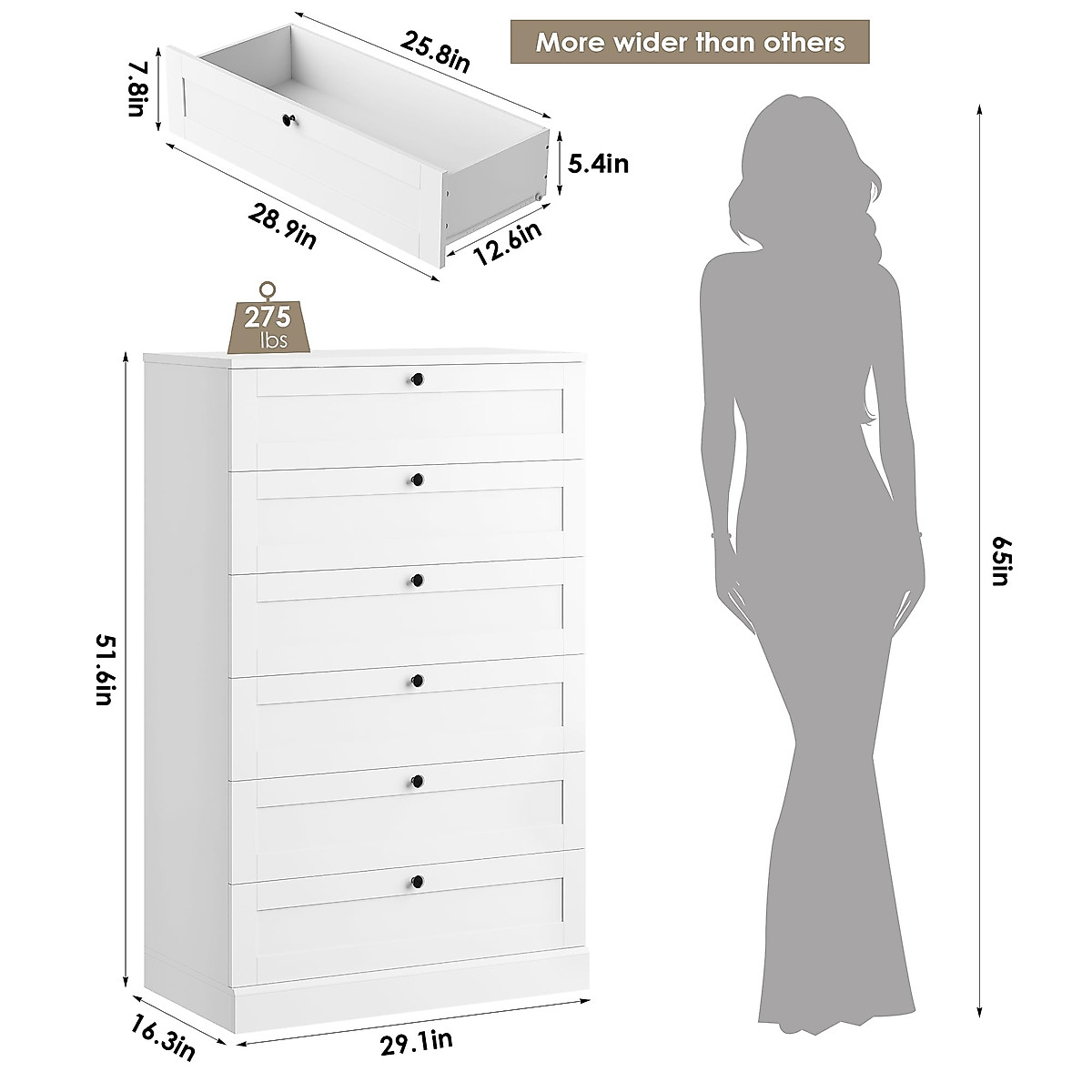 HOSTACK White 6 Drawer Dresser for Bedroom, 52" Tall Dresser & Chest of Drawers, 29" W Wood Dresser Drawer Chest, Modern Vertical Dresser Storage Cabinet for Living Room, Entryway, Hallway