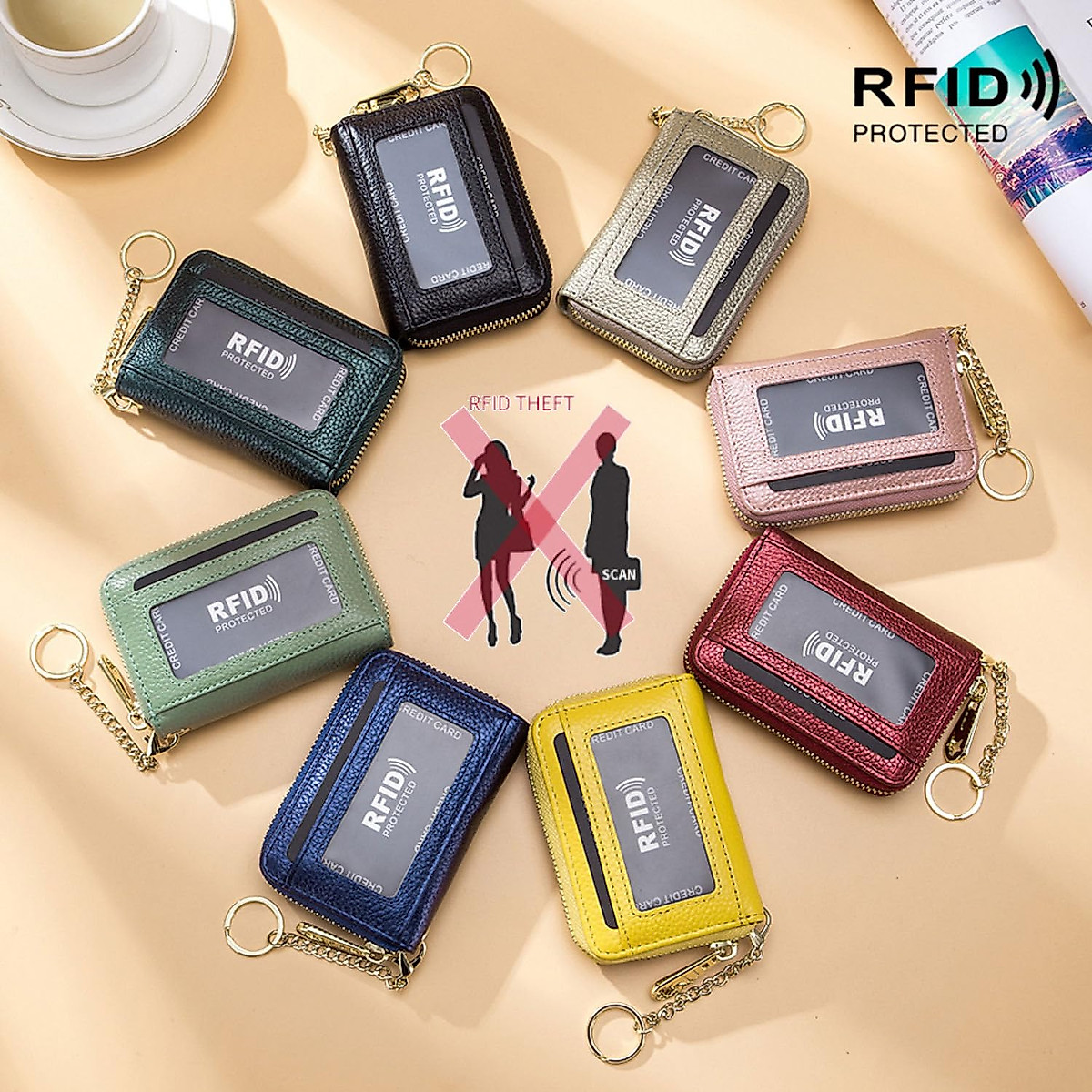 Tapp Collections RFID Credit Card Holder, Small Leather Zipper Card Case Wallet with ID Window & Detachable Keychain - Red