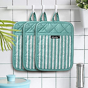 Alselo Silicone Pot Holders Set of 3 Heat Resistant & Non Slip Potholders, Professional Oven Hot Pads with Pockets Mitts for Kitchen Cooking Baking Barbecue