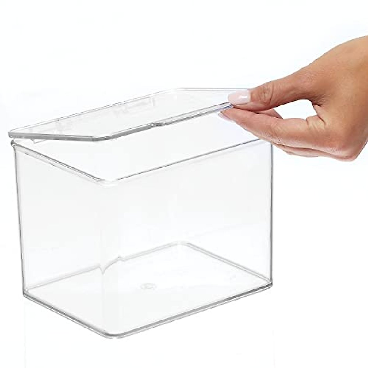 mDesign Plastic Playroom and Gaming Storage Organizer Box Containers with Hinged Lid for Shelves or Cubbies, Holds Small Toys, Blocks, Puzzles, Markers, Controllers, Lumiere Collection, 4 Pack, Clear
