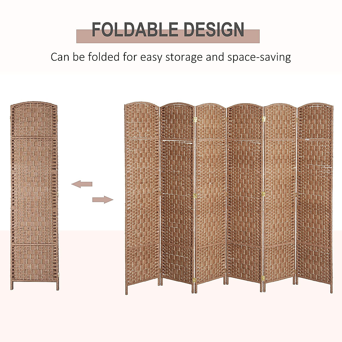 HOMCOM Room Divider, 6 Panel Folding Privacy Screen, 6FT Tall Portable Wicker Weave Partition Wall Divider for Bedroom, Home Office, Natural