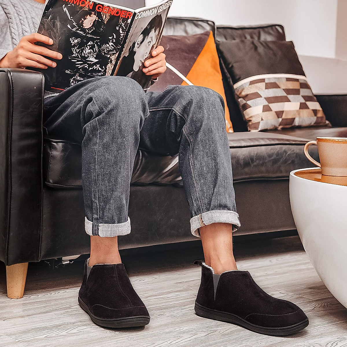 HomeTop Men's Bootie Slippers Comfy Warm Soft Non-slip Indoor Memory Foam House Shoes with Elastic Gores (12, Black)