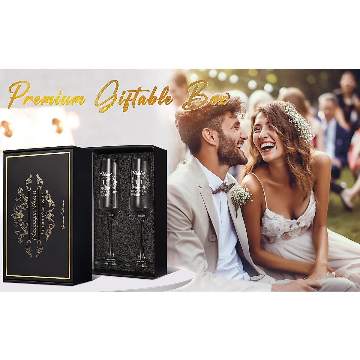 ROXBURGH 10th Wedding Anniversary Champagne Flutes Gifts Set of 2, 10th Anniversary Decorations 7 OZ Crystal Champagne Glasses, Wedding Gifts, Couples, Parents Anniversary