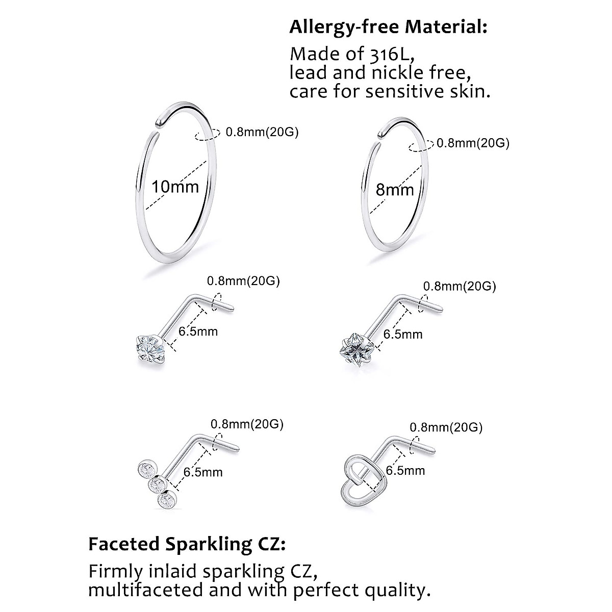 Xwnskvvz 20g Nose Rings Hoops for Women Stainless Steel Nose Stud L Shaped Nose Rings Studs Nose Piercing Jewelry Set