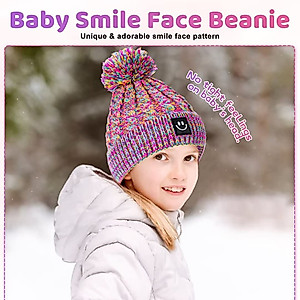 Baby Beanie Hat 3 Packs with Cute Smiley Face, Baby Winter Hat Fleece Lined,Toddler Beanie with Pom Pom for Girls Boys Rainbow Mix & Black Mix & Purple Mix