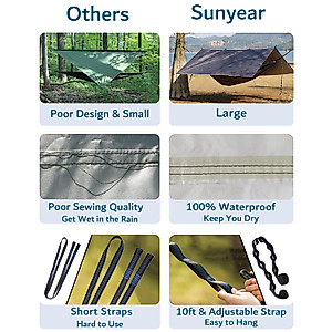 Sunyear Hammock Camping with Rain Fly Tarp and Net, Portable Camping Hammock Double Tree Hammock Outdoor Indoor Backpacking Travel & Survival, 2 Tree Straps,100% Waterproof, Black