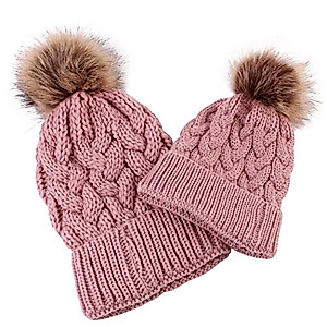 Parent-Child Beanie Hat, Mother and Baby Daughter/Son Winter Knitted Warm Hat, Winter Warm Double Pom Crochet Cap (2pcs-Pink)