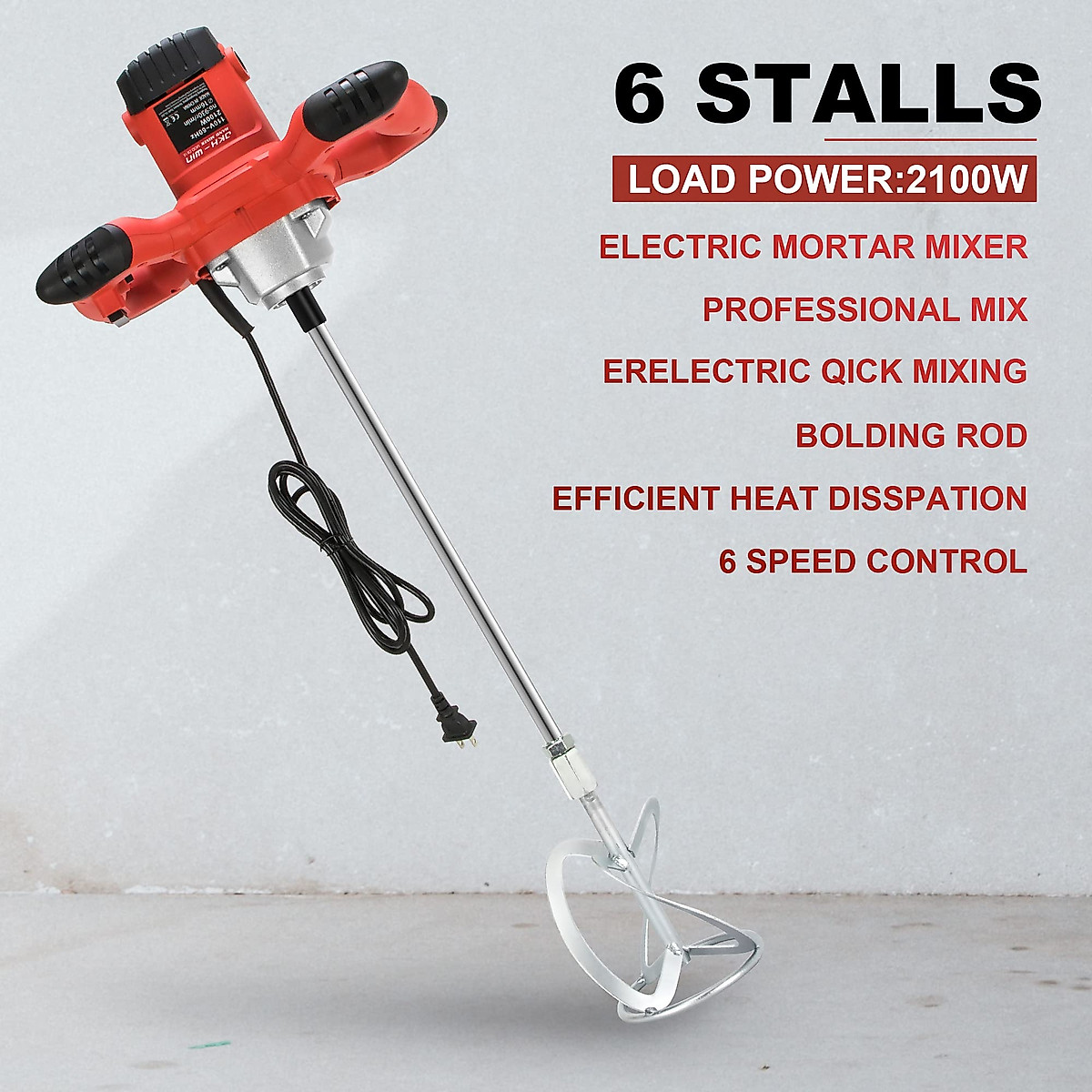 JKH-win® Concrete Mixer 2100W Electric Portable Handheld Cement Mixer, 6-Speed Adjustment Mud Mixer, Mortar Mixer for Mixing Cement, Mortar, Paint and Concrete
