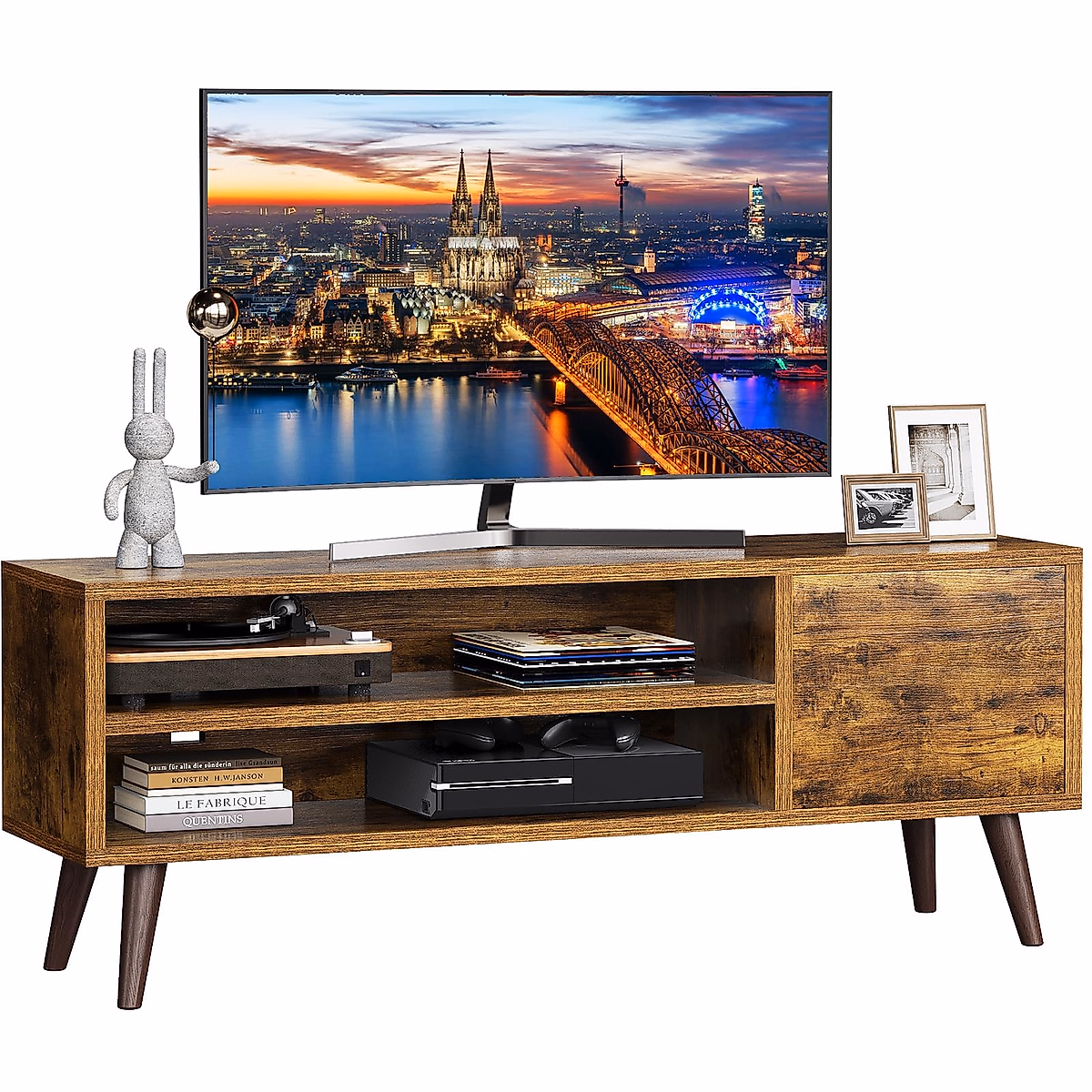 Retro TV Stand with Storage for TVs up to 55 in, Rustic Brown TV Stand for Media, Mid Century Modern TV Stand & Entertainment Center with Shlef，Wood TV Console Table for Living Room Bedroom, APRTS01