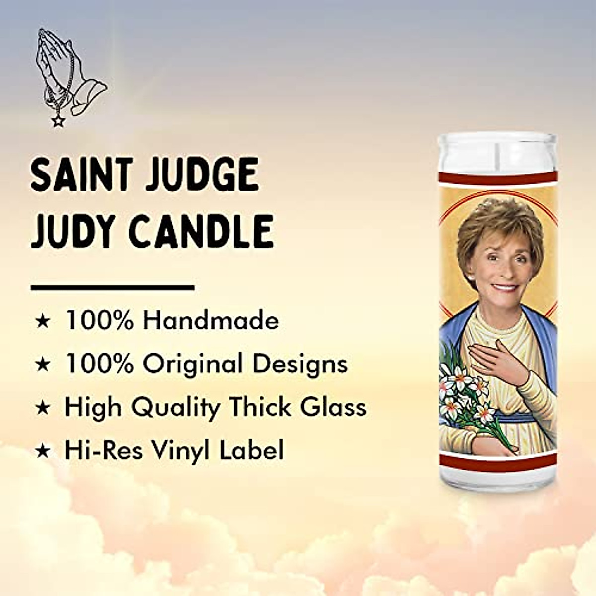 Judy Funny Saint Candle - 8 inch Glass Prayer Pop Culture Saint Candle - 100% Handmade in USA - Funny Celebrity Novelty TV Show Gift