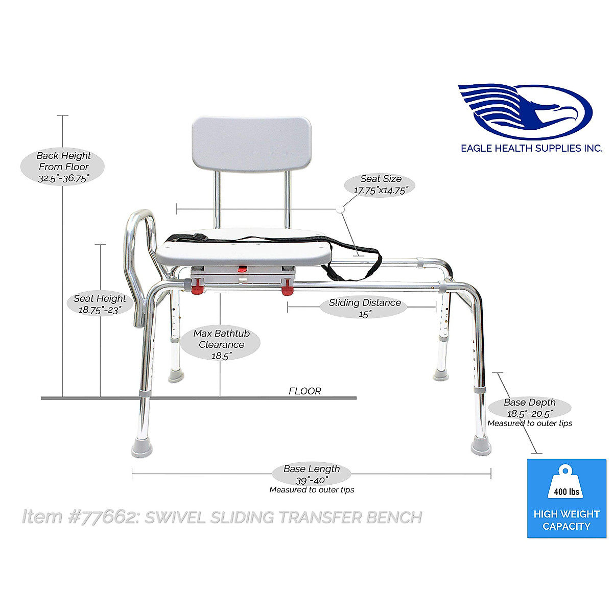 Eagle Health Supplies - Swivel Sliding Bath Transfer Bench (77662) - Regular (Base Length: 39" - 40") - Heavy-Duty Shower Bathtub Chair