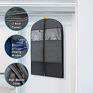 Plixio 43" Black Garment Bags for Travel or Hanging Clothes Storage - Suit Bags Carriers Covers for Men & Women - Dresses, Shirts, Fur Coats, Jackets - Zippered Breathable Gusset Clothing Storage Bags
