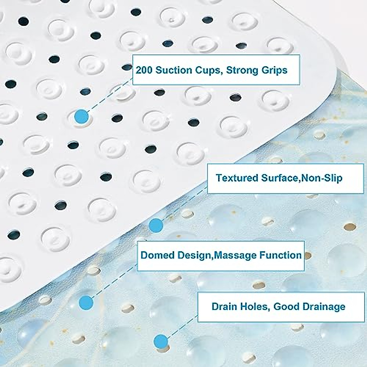 Topotdor Abstract Bathtub Mat Non Slip for Shower Tub, 40 X 16 Inch Extra Long Bath Mat for Adults & Kids, Blue Marble Shower Floor Mat with Suction Cups & Drain Holes, Machine Washable