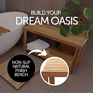 NORDIC STYLE TEAK Wood Shower Stool and Spa Bench with Shelf, Teak Shower Bench for Indoor and Outdoor Use, Teak Storage Bench, Teakwood Shower Bench, Natural Teak Finish, 35"