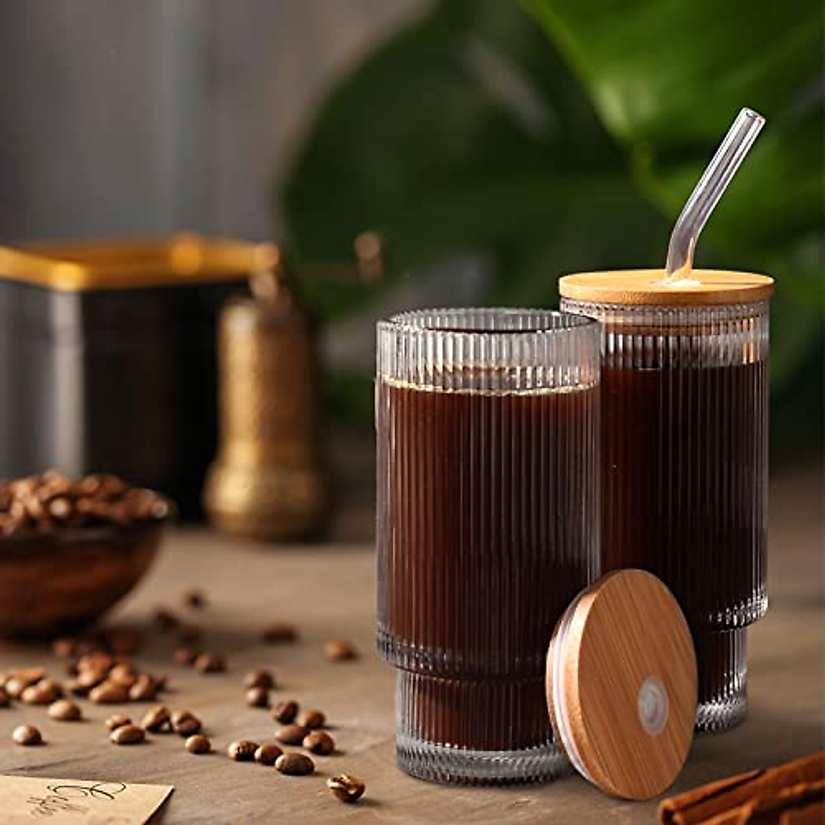 BOICHU Ribbed Glassware Set of 4, Ribbed Glass Cups with Lids and Straws - Vintage Ribbed Drinking Glasses with Bamboo Lids, 11 OZ Cute Fluted Glassware for Iced Coffee,Cocktail,Beer,Smoothie,etc
