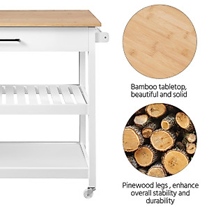 Yaheetech 40" Width Kitchen Island Cart on Wheels, 3 Tiers Rolling Utility Cart with Solid Wood Top and Drawer & 2 Spacious Storage Shelf, Serving Trolley for Dining Room, White