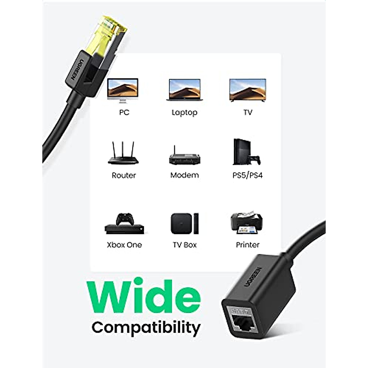 UGREEN Ethernet Extender Cable 6FT, Cat 7 Extension Network Cable 10Gbps RJ45 Male to Female LAN Patch Cord Compatible for Router Modem PC Laptop PS5 Xbox Smart TV 6FT