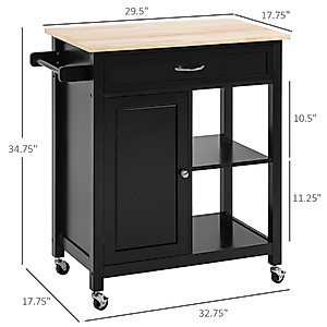 HOMCOM Kitchen Island Cart, Rolling Kitchen Island with Storage Shelf, Solid Wood Top, Drawer, for Dining Room, Black