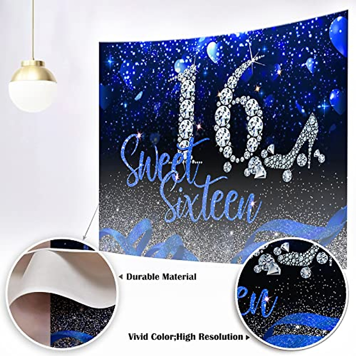 Mocsicka Sweet 16 Birthday Backdrop for Girls Blue and Silver Swwet Sixteen Decoration Happy 16th Birthday Banner Glitter Diamonds Background 16 Birthday Party Supplies (7x5ft (82x60 inch))