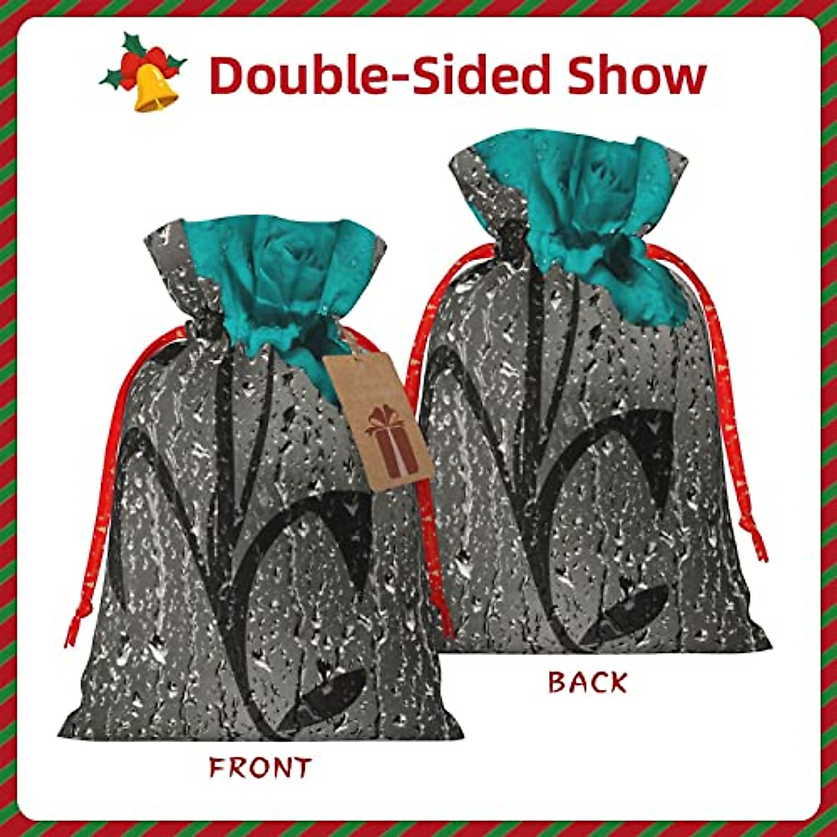 Teal Gray Rose Flowerchristmas Drawstring Gift Bag, Linen Drawstring Gift Bag, Reusable Drawstring Gift Bag, Used For Christmas, Birthday, Wedding Supplies