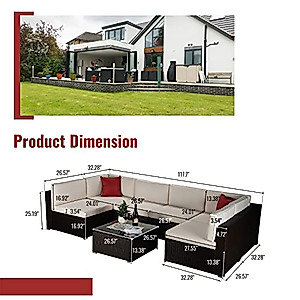 7 Pieces Outdoor Sectional Sofa Set, Brown PE Rattan Wicker Sectional Beige Cushioned Sofa Sets with 2 Red Pillows Patio Conversation Set with Glass Table for Lawn, Backyard, and Poolside