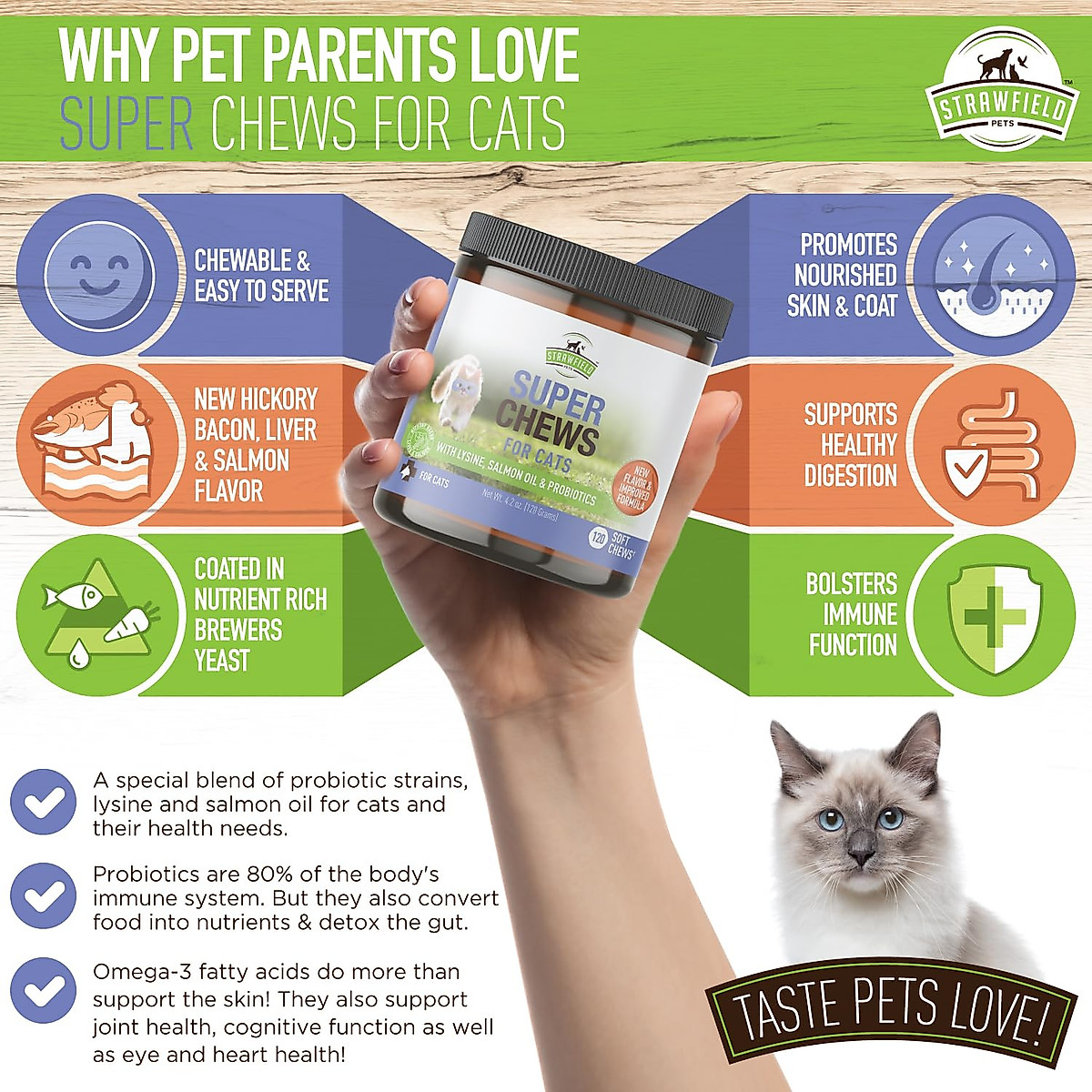 Strawfield Pets Super Chews for Cats - Lysine, Probiotics, Omega 3 Fish Oil (Salmon Oil), Catnip - Supports Immune, Gut, Skin & Joint Health - 120 Hickory Bacon Salmon & Liver Flavored Softchews