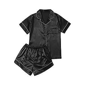 MakeMeChic Women's Plus Size Satin Button Down Pajama Set Silk Short Sleeve Sleepwear Black 5XL