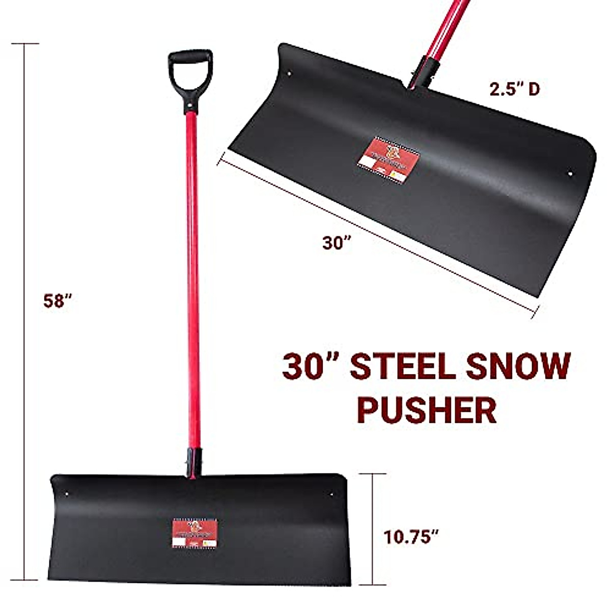 Bully Tools 92819 30" Steel Snow Pusher with Fiberglass D-Grip Handle