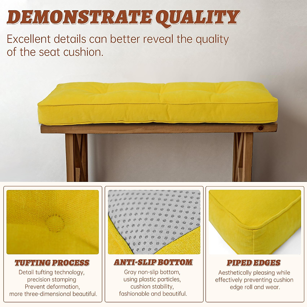 Focuprodu Bench Cushion 42x16. Soft and Breathable Window Seat Cushions Indoor. Non-Slip and Durable Bench Seat Cushion. (42x16, Yellow)