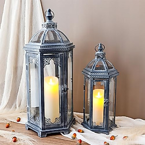 Set of 2 Outdoor Lantern 24.5"&18" High Decorative Candle Lanterns Metal Candle Holder with Tempered Glass Fall Decorations for Home Garden Patio Living Room Indoor Home Yard Hallway Doorway(Grey)