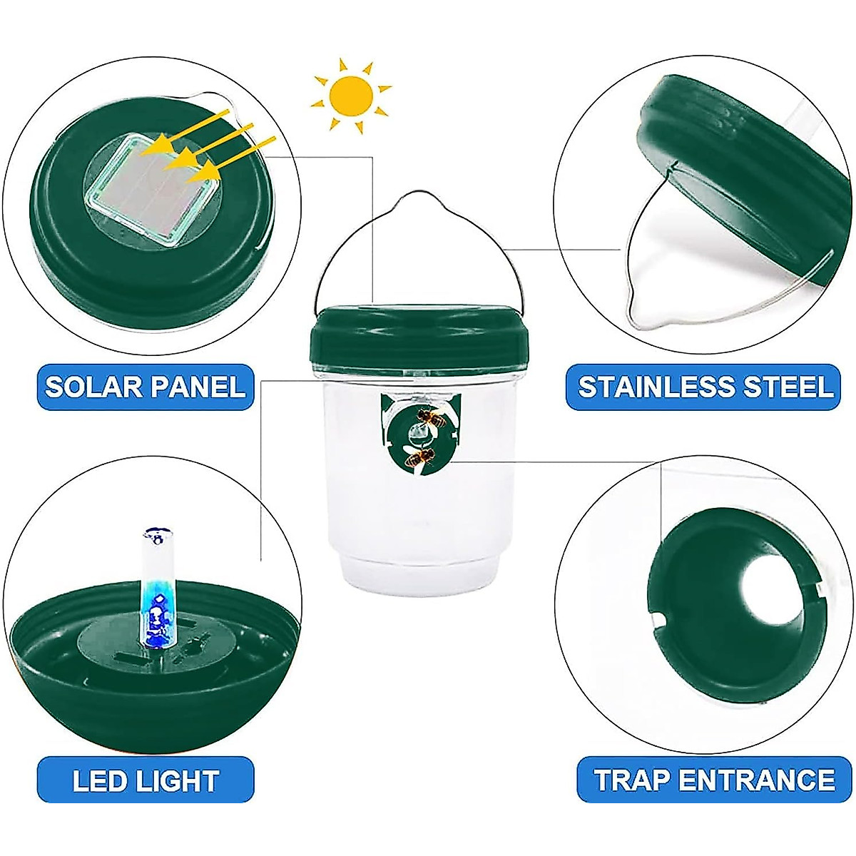 outtkitywi Wasp Traps for Hunting Wasps, Bees, Hornets, Insects, Yellow Jacket Traps, Wasp Trap Catcher, Reusable Solar Powered Hanging for Outdoor, 2 Packs