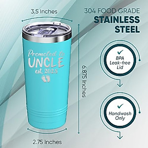shop4ever Promoted to Uncle Est. 2025 Tumbler Insulated Tumbler 20 oz. with Lid, Stainless Steel Cups Travel Coffee Mug New Uncle Baby Announcement Gift (Teal)