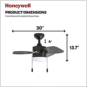 Honeywell Ceiling Fans Ocean Breeze, 30 Inch Modern Indoor LED Ceiling Fan with Light, Pull Chain, Dual Mounting Options, Dual Finish Blades, Reversible Motor - Model 50602-01 (Gilded Espresso)