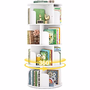 Besiost Rotating Bookshelf, Wood Corner Bookshelf, 360 Display Spinning Bookcase Storage Rack, 4 Tier Floor Standing Revolving Bookcase Narrow Book Shelf Organizer for Small Space, Bedroom, White