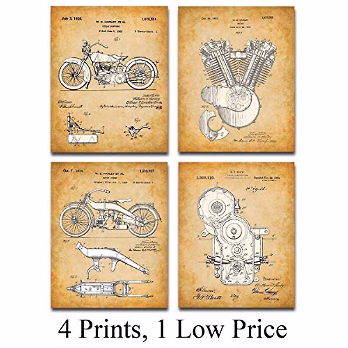 Original Harley Davidson Motorcycle Patent Wall Art Prints - Set of Four Photos (8x10) Unframed Posters - Great Home Decor and Gift for Men and Women Under $15 for Hog Riders