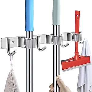 POPRUN Broom Mop Holder Wall Mount Stainless Steel Garden Tool Hanger Garage Organizer Home Kitchen Laundry Storage, 3 Racks 4 Hooks, Grey