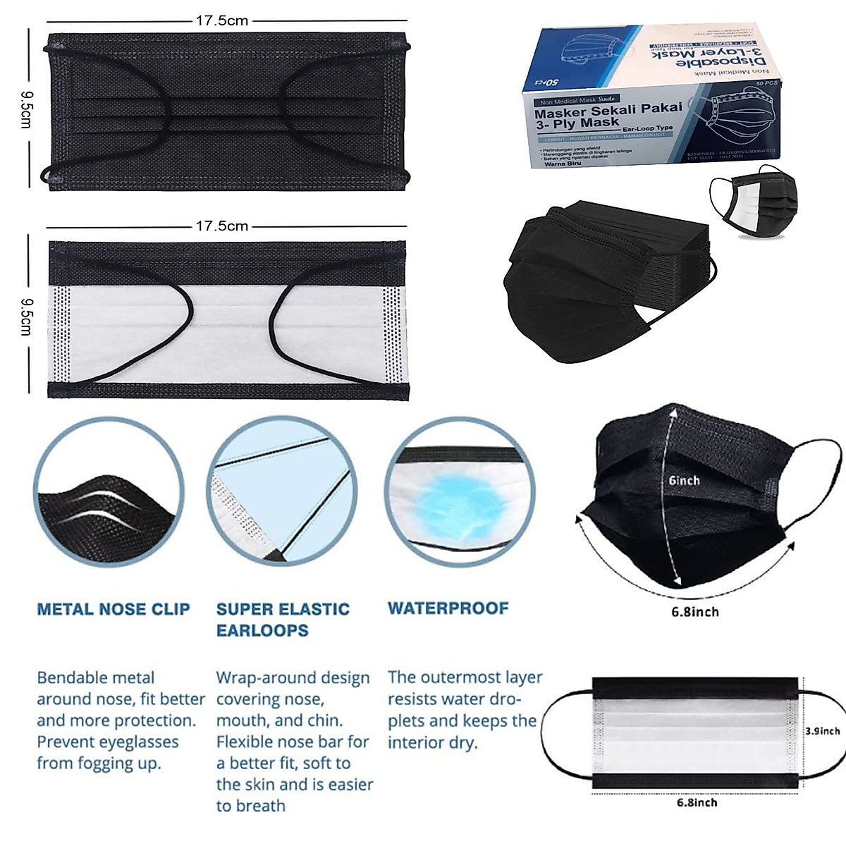 Disposable 50 Pack Face Mask 3 Ply Filter Protection, 50 Disposable Protective Mask (50 Pieces, Black)