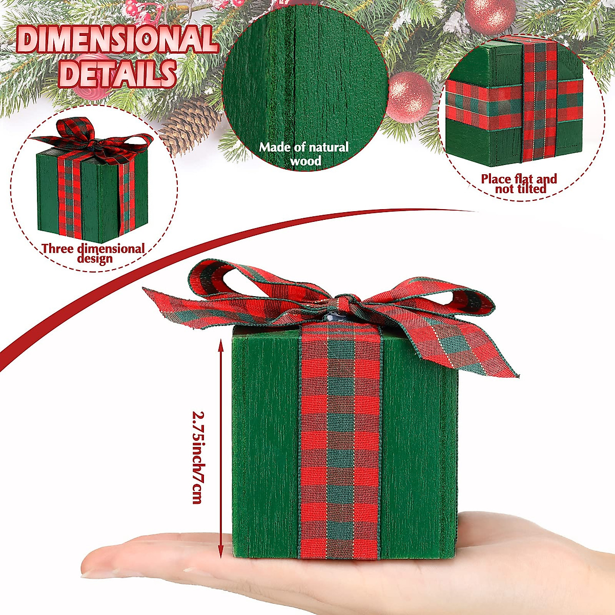 3 Pcs Christmas Table Centerpieces Christmas Rustic Wood Presents Faux Blocks Table Decor Tiered Tray Decor with Buffalo Plaid Bowknot Pine Cone Berries for Xmas Party Decoration (Classic Style)