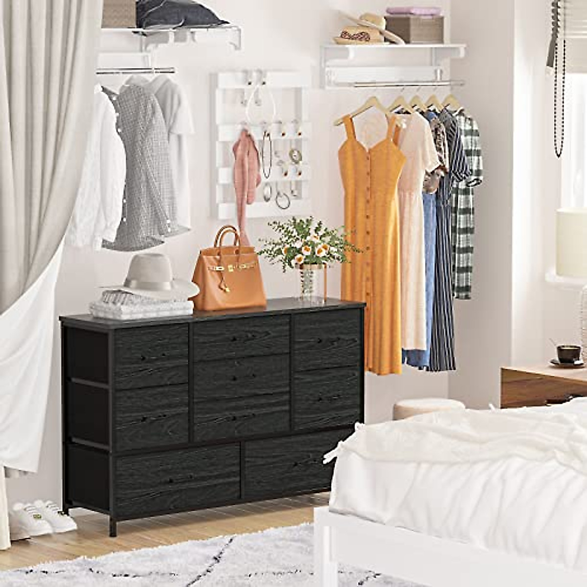 Furnulem Wide Dresser with 9 Large Drawers for 55'' Long TV Stand Entertainment Center,Wood Shelf Storage for Bedroom,Living Room,Closet,Entryway,Sturdy Metal Frame （Black Oak）