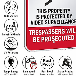 SmartSign 18 x 12 inch “No Trespassing - Property Protected by Video Surveillance, Trespassers Prosecuted” Metal Sign, 63 mil Laminated Rustproof Aluminum, Red, Black and White