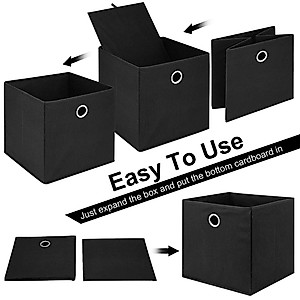 i BKGOO Foldable Storage Cube Drawer Bins Collapsible Fabric Storage Boxes with Round Metal Grommets for Organizing Shelf Nursery Home Closet 4 Pack Black 11" x 11" x 11"