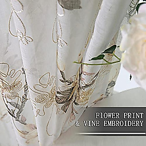 Tollpiz Floral White Sheer Valance Curtains Flower Print Vine Embroidery Bedroom Curtain Valances Rod Pocket Voile Window Curtains for Living Room, 54 x 16 inches Long, Set of 1 Panel