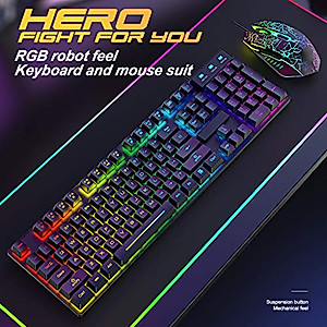 MAOSUO T6RGB Luminous Wired Gaming Keyboard and Mouse Set with Large Mouse Pad USB Colorful Backlit Easy-to-Operate Mechanical Feel Keyboard Accessories Kit for Laptop Computer Gamer Work