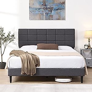 Queen Size Platform Bed Frame with Fabric Upholstered Headboard and Wooden Slats Support, Fully Upholstered Mattress Foundation/No Box Spring Needed/Easy Assembly (Grey, Queen)