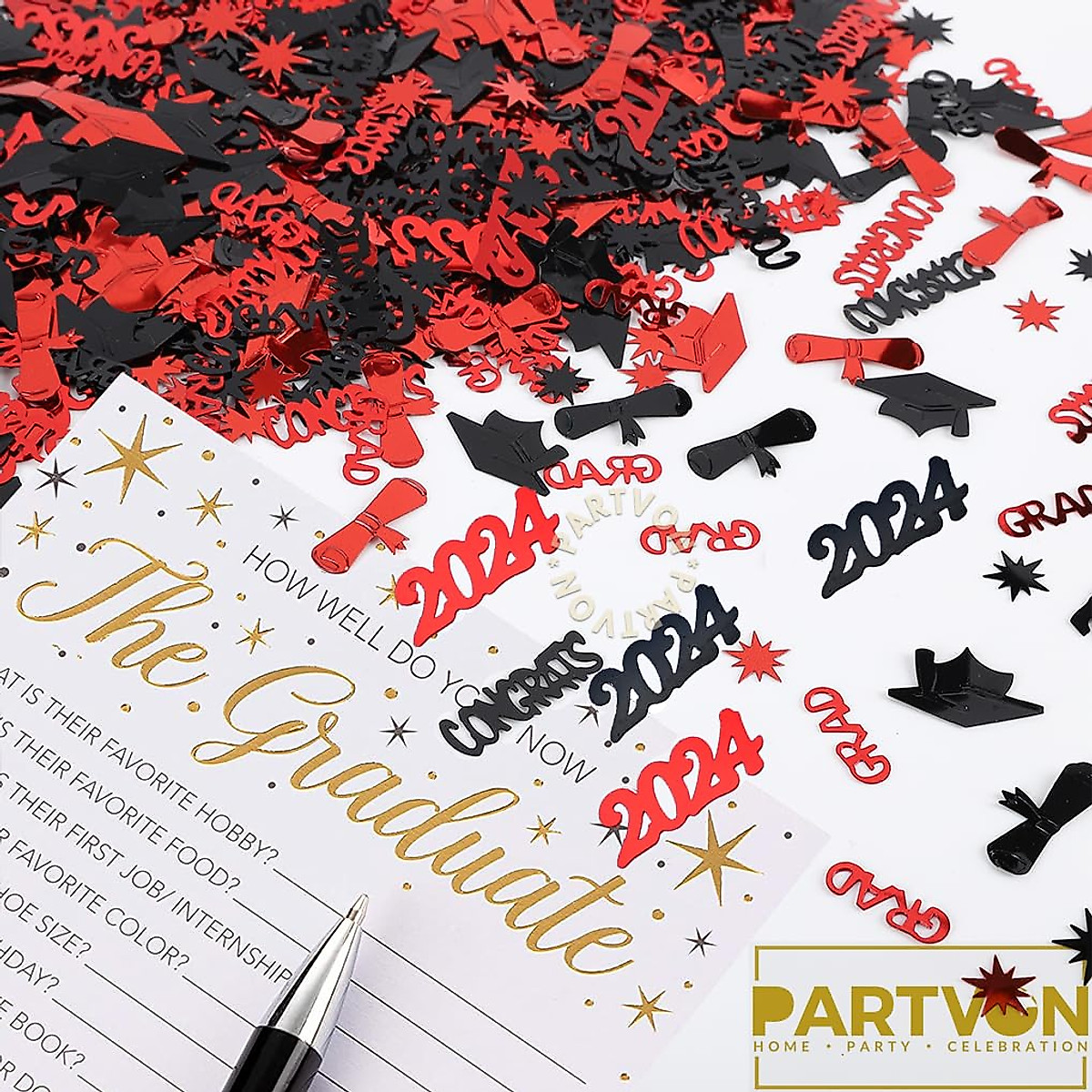 Graduation Confetti 2024, Black Red Decor Graduation Party Supplies，Class of 2024 Decorations Table Confetti for Kindergarten Preschool High School College