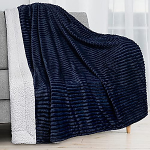 PAVILIA Sherpa Fleece Blanket Throw | Stripe, Super Soft, Plush, Luxury Flannel Throw | Thick Fluffy Ribbed Microfiber Blanket for Sofa Couch Bed (Navy Blue, 50x60 inches)