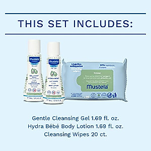 Mustela Bebe On-The-Go Travel Set - Baby Skin Care & Bath Time Gift Set - Natural & Plant-Based - 3 Items Set - Packaging may vary