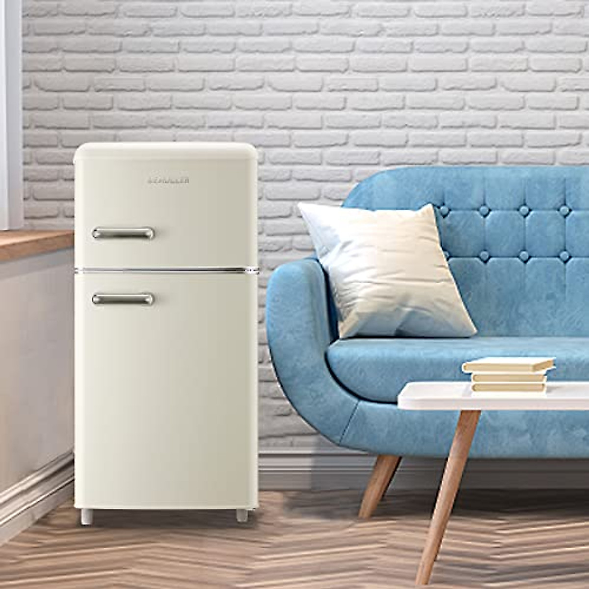 DEMULLER Retro Mini Refrigerator 3.5 CU.FT Dual Door Fridge with Handle Removable Glass Shelves 7 temperature control levels for Dorm, Office, Bedroom